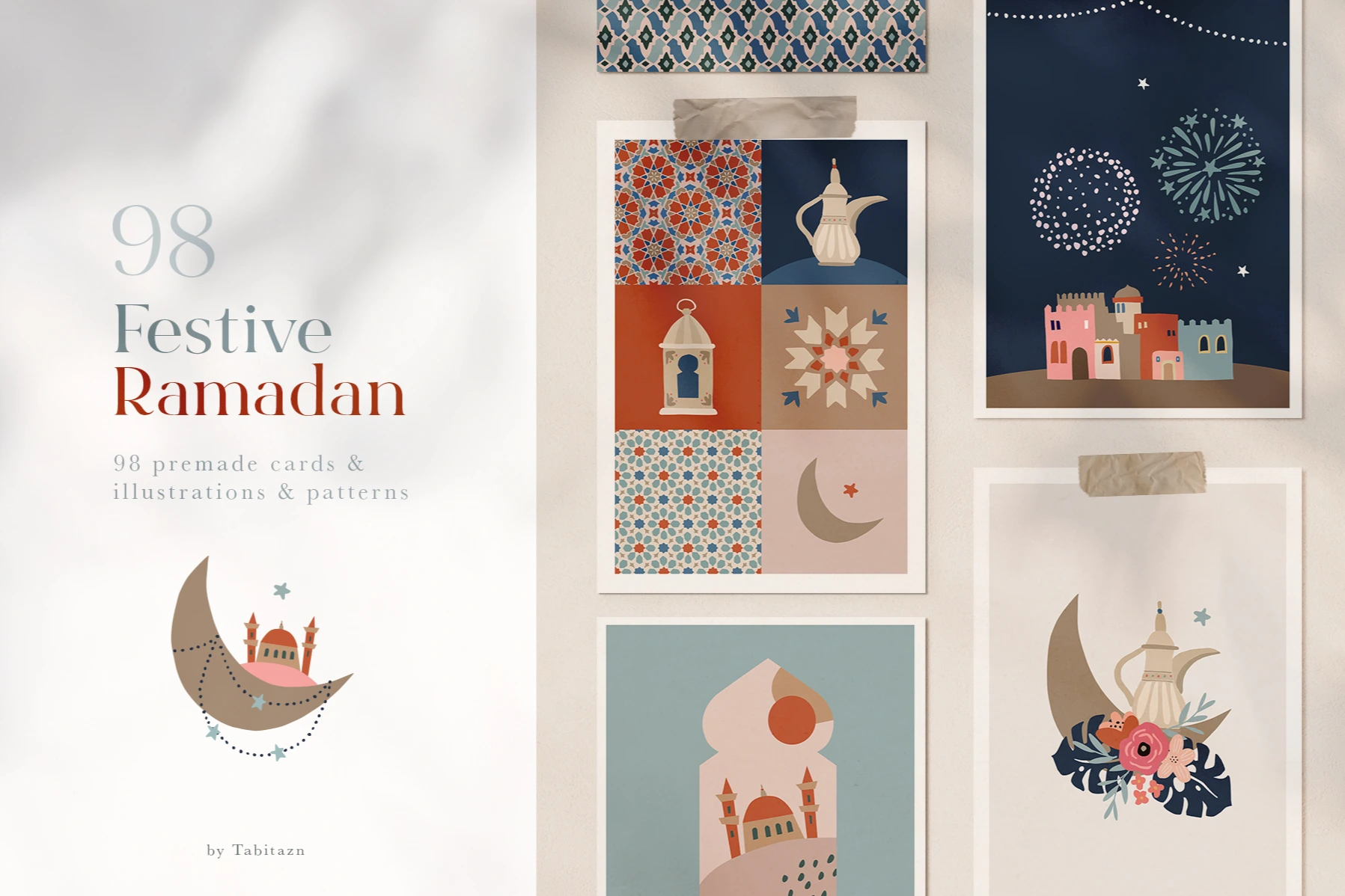 Festive Ramadan Vector Illustrations, Card Templates and Patterns Set ...